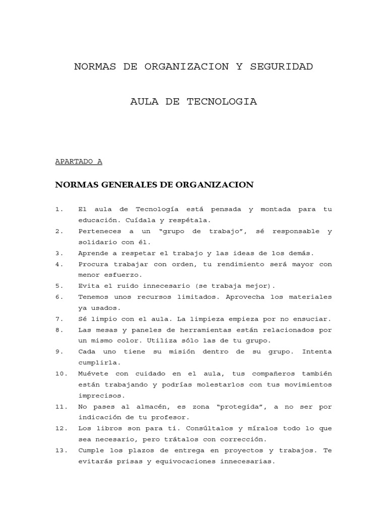Normas de Seguridad en el Taller de Tecnología | PDF | Herramientas ...