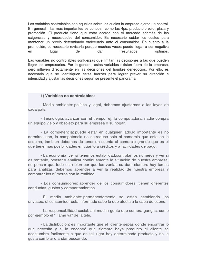 Las Variables Controlables Son Aquellas Sobre Las Cuales La Empresa ...