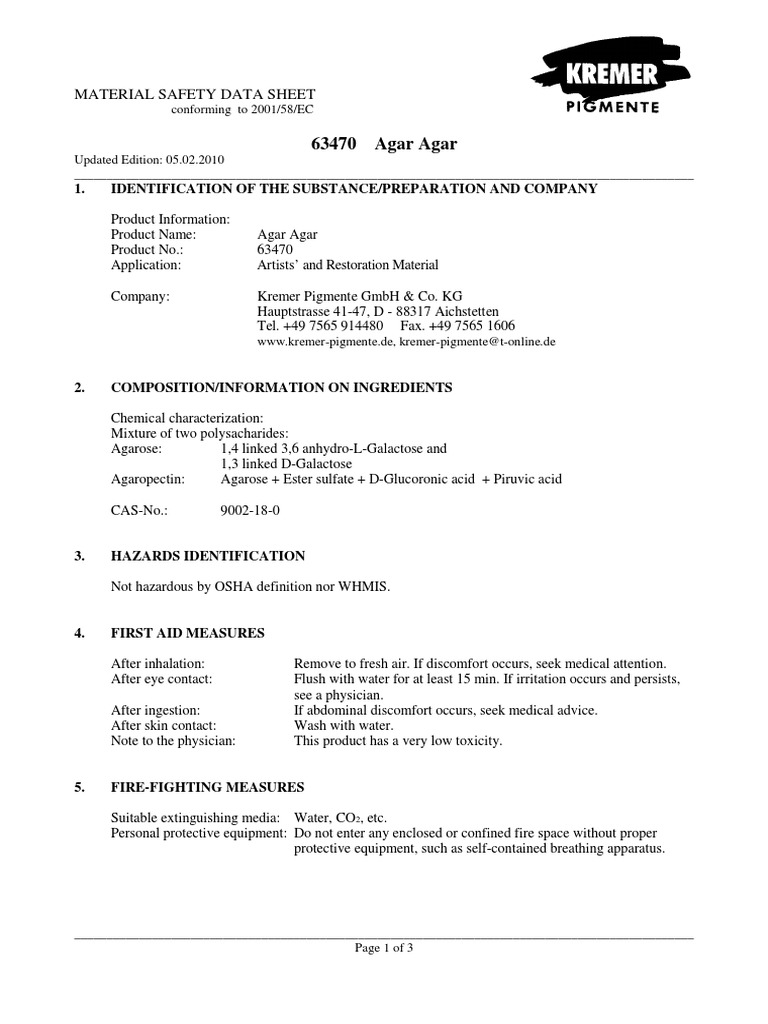 Agar - Varnostni List | PDF | Chemistry | Materials