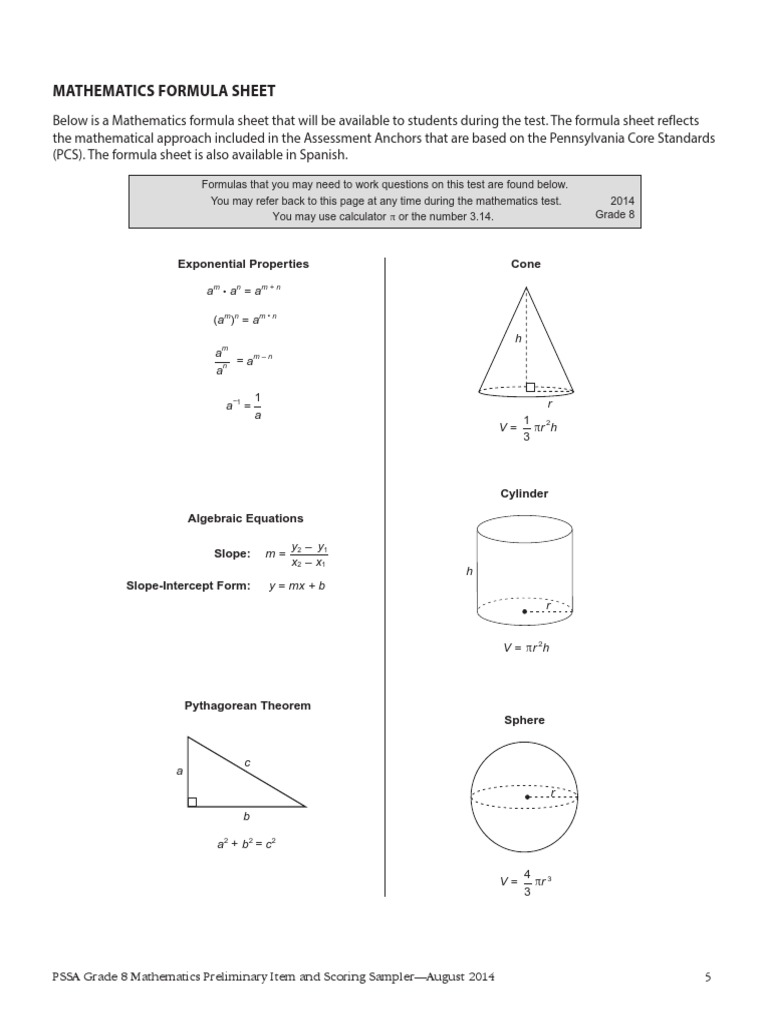 Pssa 8th Grade Formula Sheet | PDF | Pi | Mathematical Concepts Pssa 8th Grade Formula Sheet | PDF | Pi | Mathematical Concepts