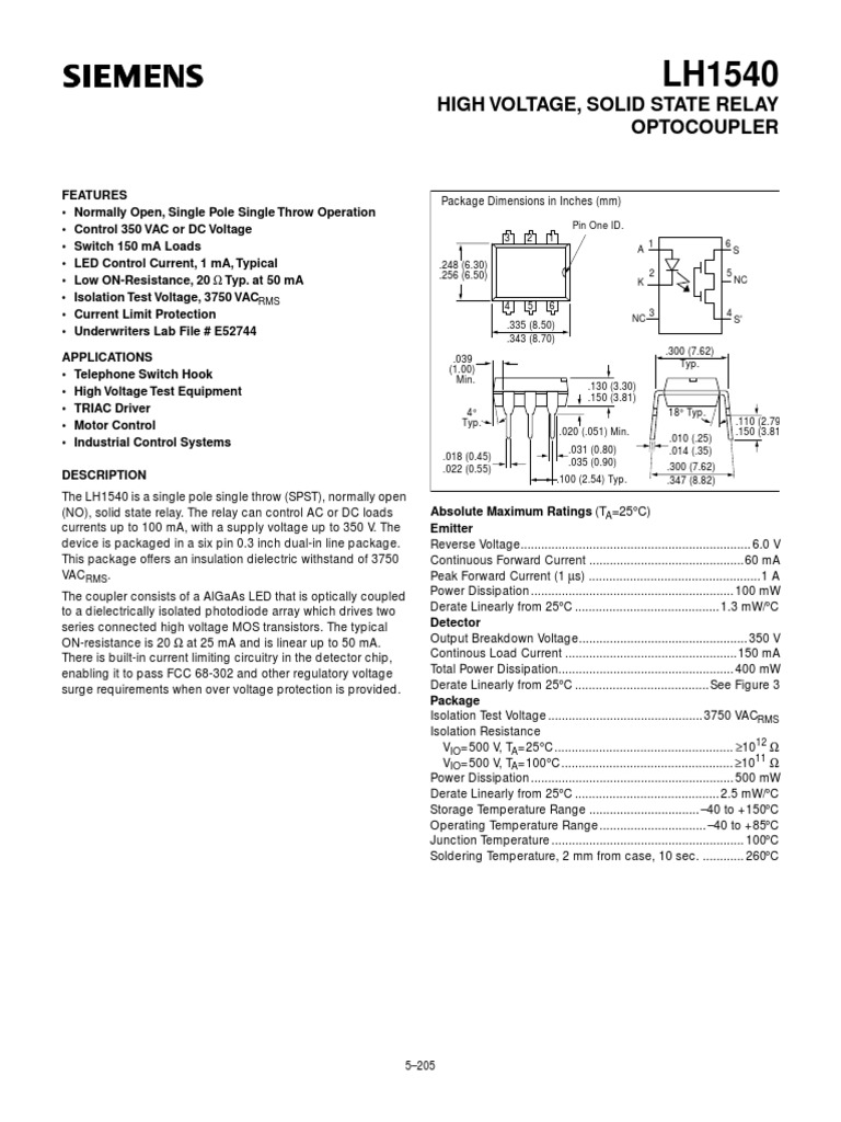 LH1540 - High Voltage - Solid State Relay Optocoupler PDF | PDF ...