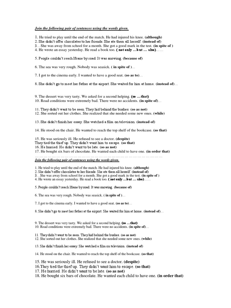 Join The Following Pair of Sentences Using The Words Given | PDF