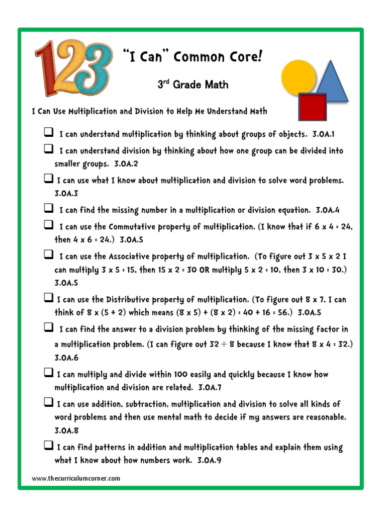 3rd Grade Math "I Can" Statements | PDF | Area | Multiplication