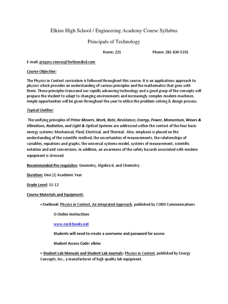 Elkins High School Engineering Syllabus | PDF | Physics | Laboratories