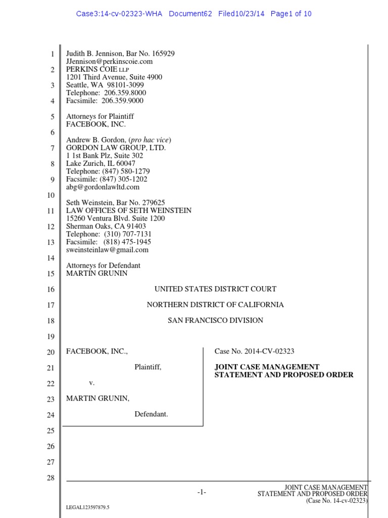 Facebook V Grunin Doc62 Case Management Statement 10-23-14 | PDF ...