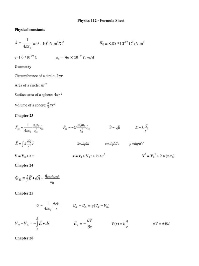 9 10 N.M /C 8.85 10 C /N.M: Physics 112 - Formula Sheet Physical ...