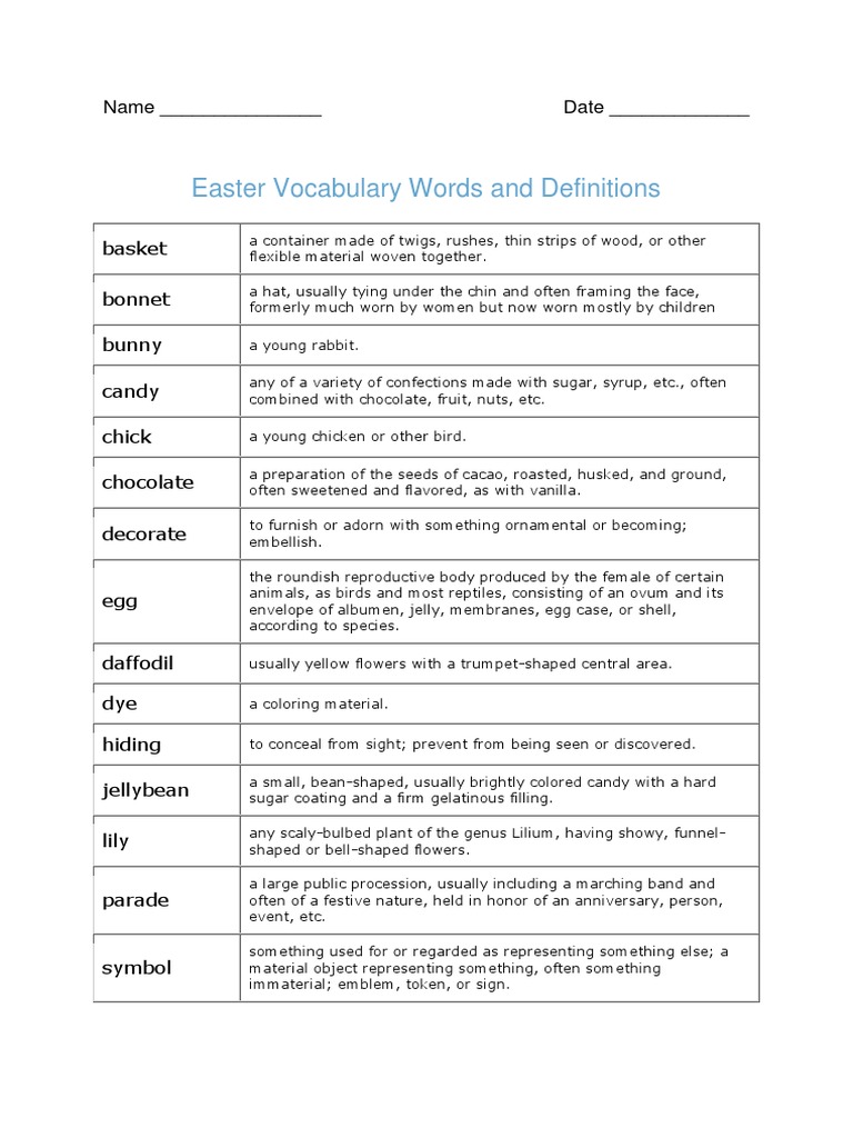 Easter Vocabulary Words and Definitions: Name - Date | PDF