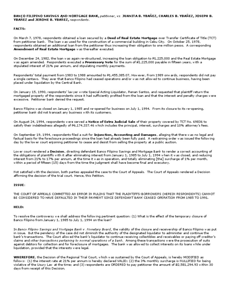 Banco Filipino V Ybanez Digest2 | PDF | Mortgage Loan | Loans