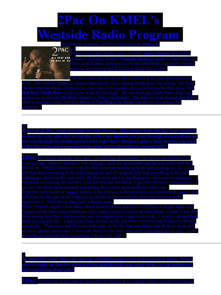 2pac Interview On KMEL Radio, '96 | PDF | Hip Hop | Leisure