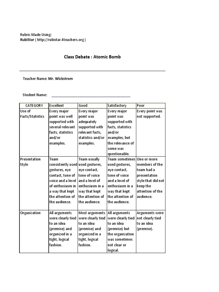 Classroom Debate Rubric: Atomic Bomb | PDF