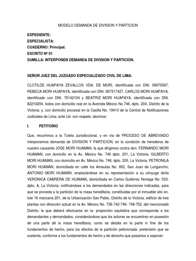 MODELO DEMANDA DE DIVISION Y PARTICION.docx | Herencia | Demanda judicial
