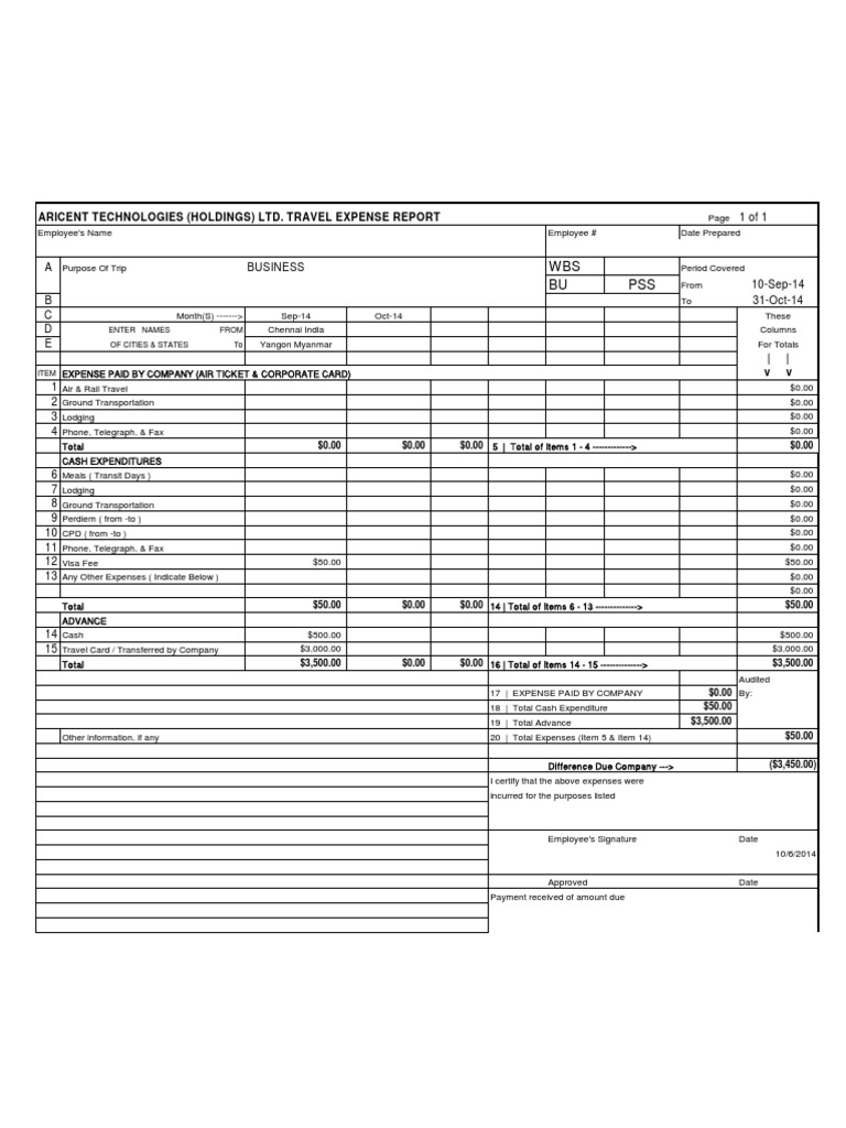 Aricent Travel Expense Report | PDF