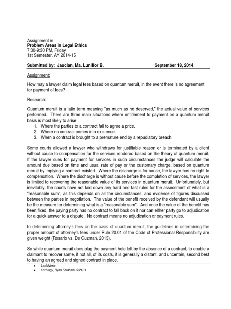 PALE - Assgn2 Quantum Meruit | PDF | Attorney's Fee | Lawyer