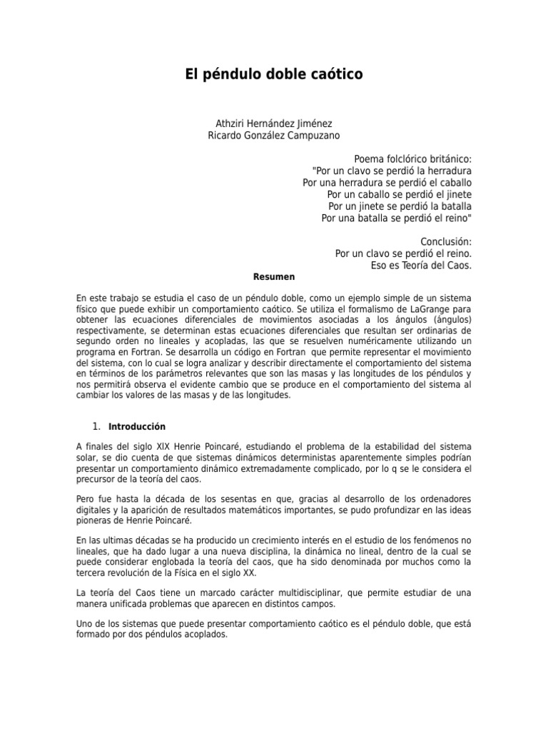 El Péndulo Doble Caótico PDF | PDF | Péndulo | Ingeniería mecánica