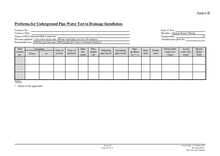 Proforma For Underground Pipe Water Test in Drainage Installation | PDF