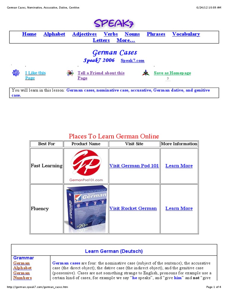 German Cases, Nominative, Accusative, Dative, Genitive | PDF ...