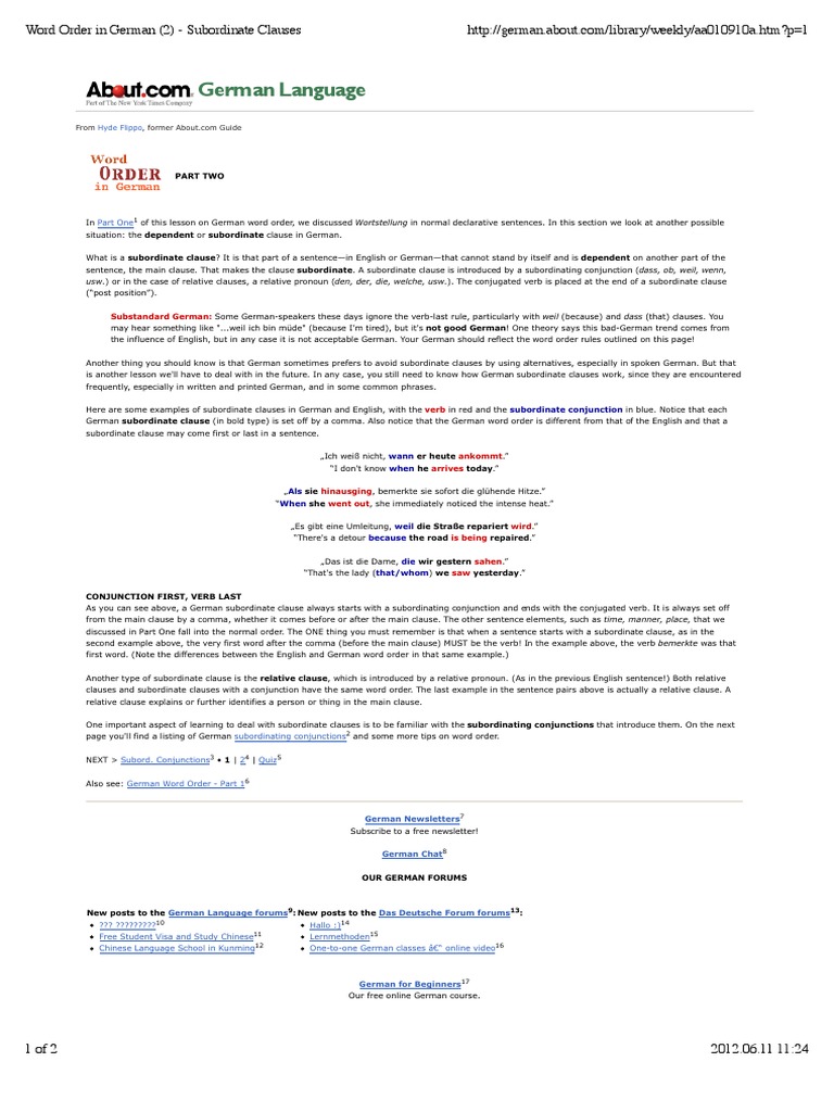 Word Order in German - Subordinate Clauses | PDF | Rules | Semiotics