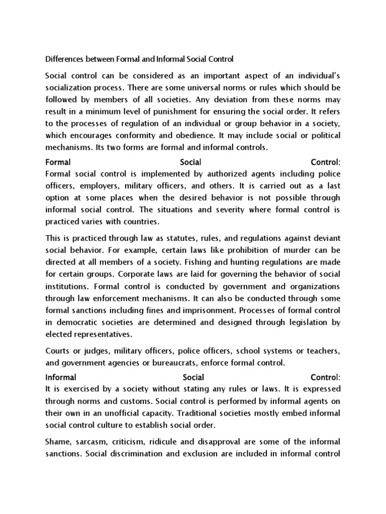 Differences between Formal and Informal Social Control.docx | Norm ...
