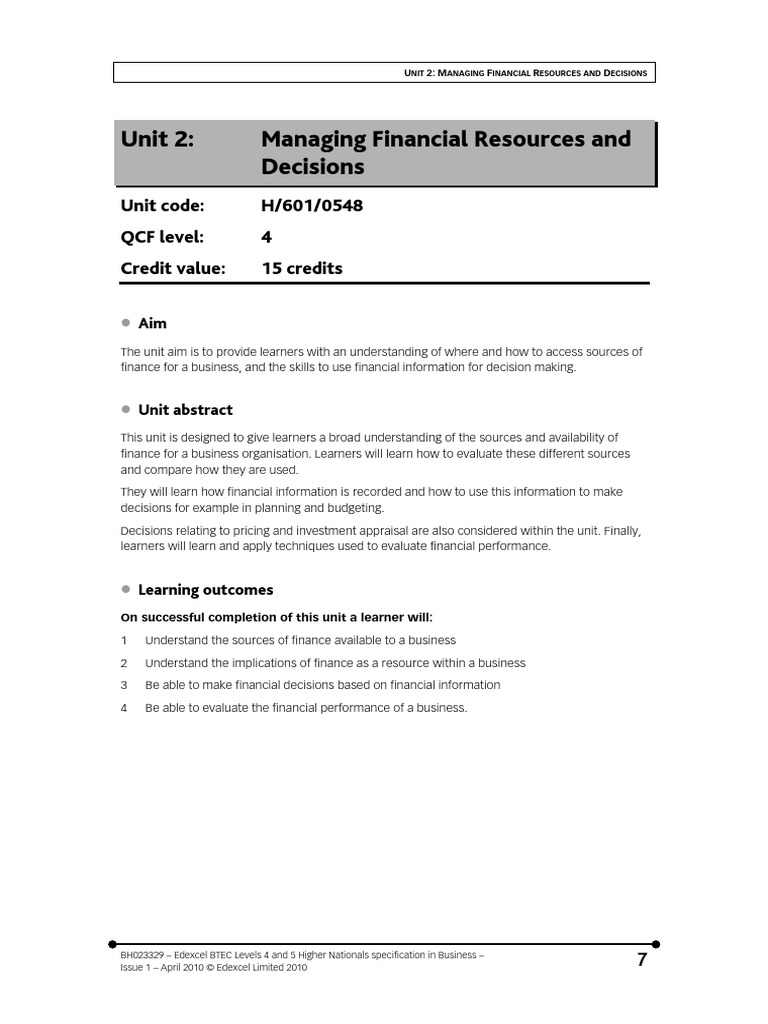 Unit 2 Managing Financial Resources and Decisions PDF | PDF ...