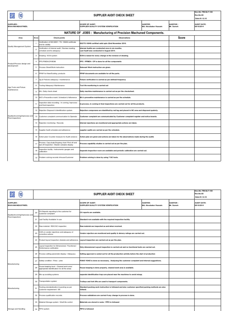 Supplier Audit Checklist - Zftvs | PDF | Iso 9000 | Audit