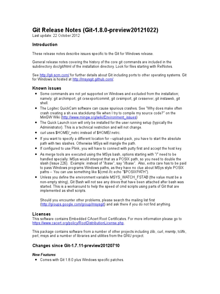 Git Release Notes Git 1 8 0 Preview20121022 New Features Pdf Installation Computer