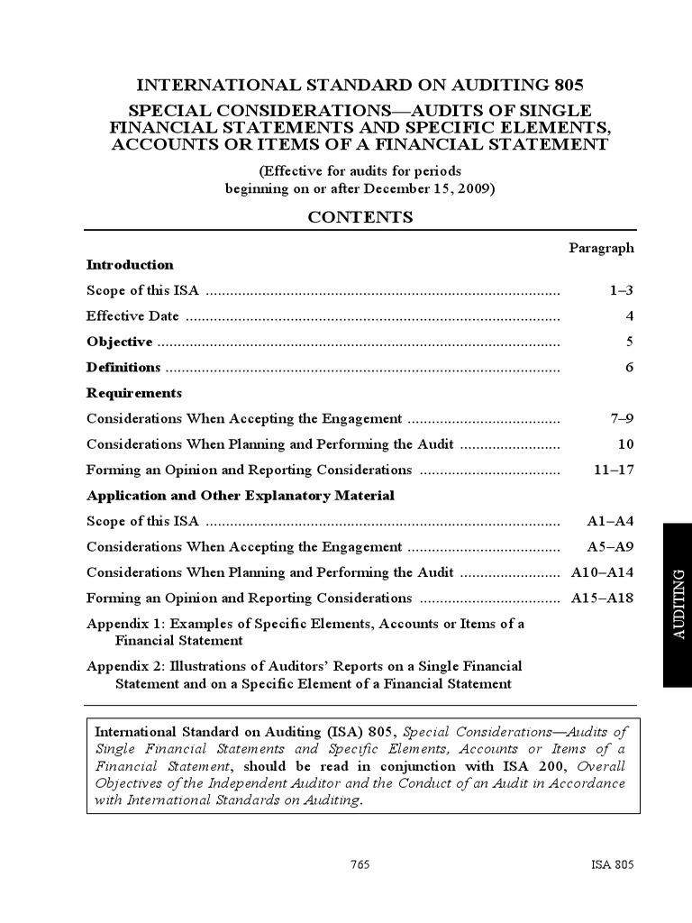 ISA 805 - Special Considerations - Audits of Single Financial ...