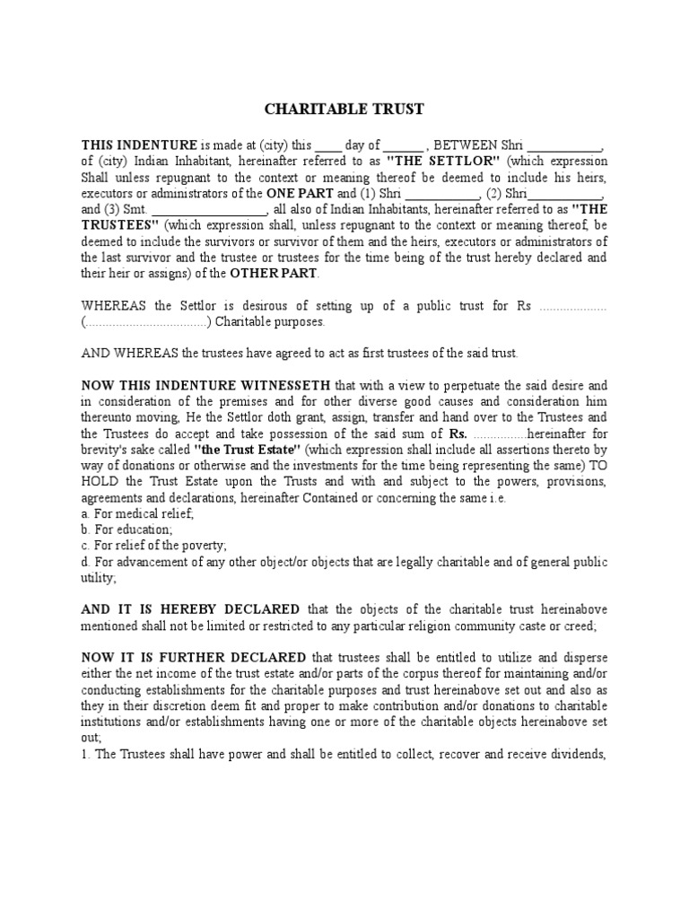 12 Trust Deed for Charitable Trust | Trustee | Trust Law