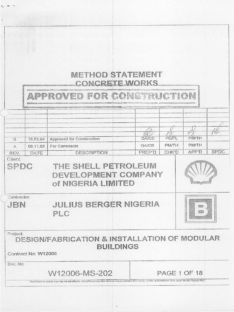 Method Statement Concrete Works PDF | PDF