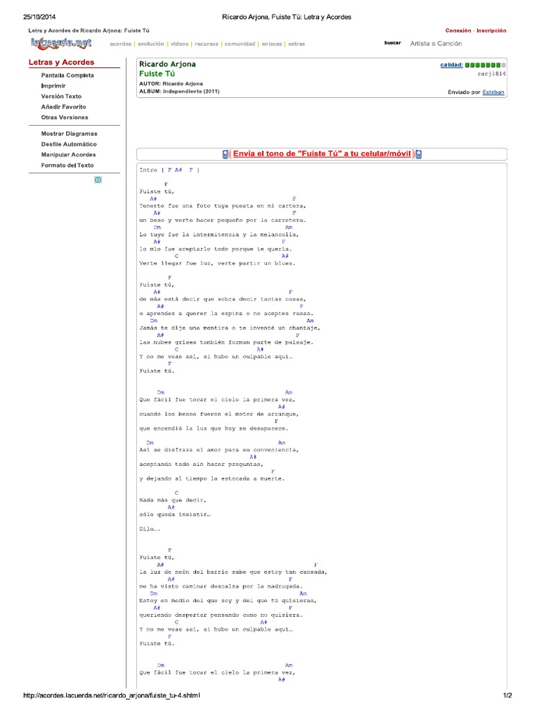 Ricardo Arjona, Fuiste Tú - Letra y Acordes PDF | PDF