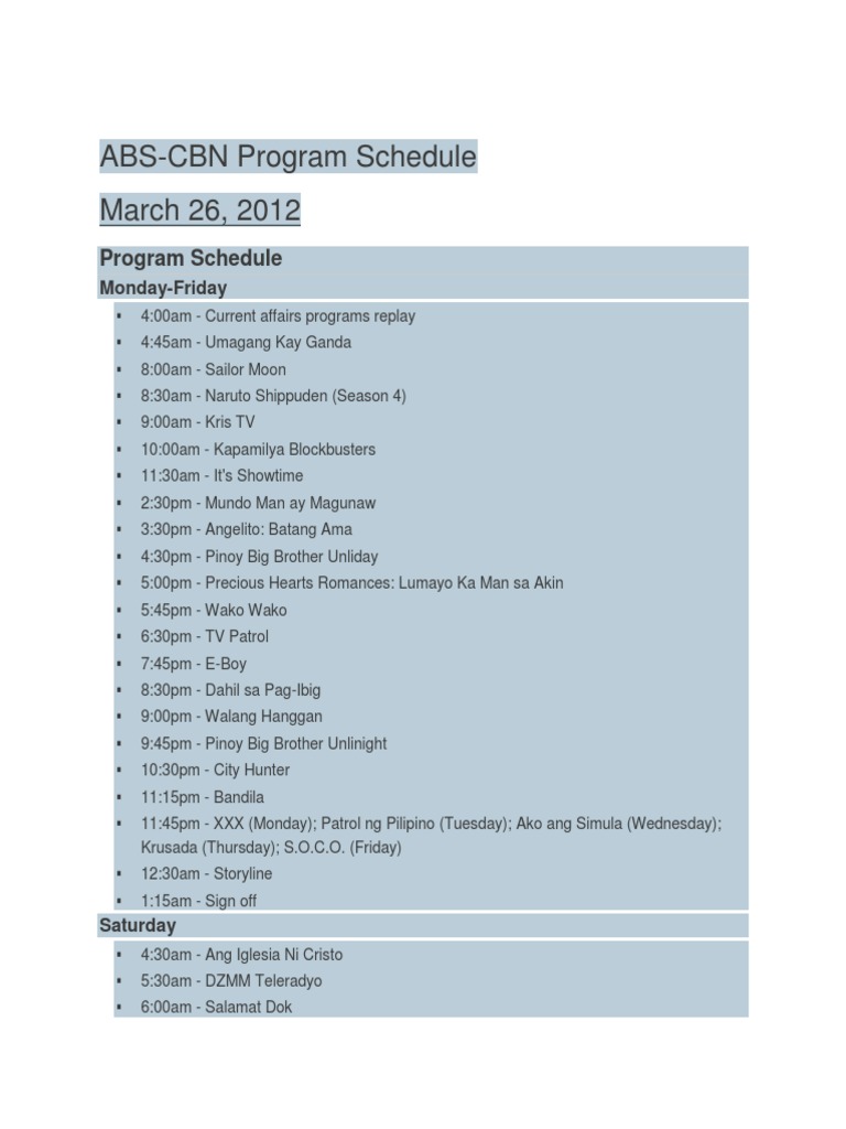 ABS-CBN Program Schedule March 2012 | PDF | Television Series