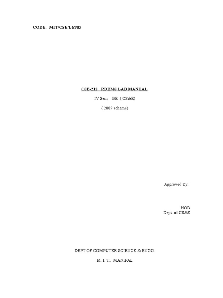 Rdbms Lab Manual New Scheme | PDF | Sql | Pl/Sql