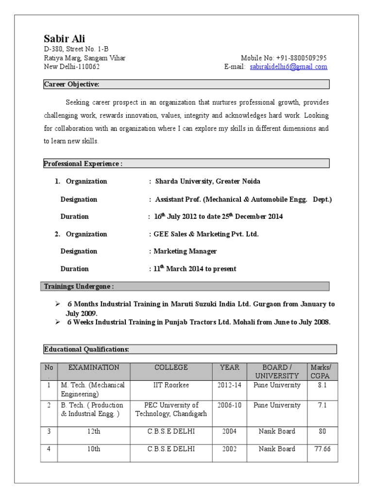 Sabir Ali: Marketing Manager & Educator Resume | PDF | Career & Growth ...