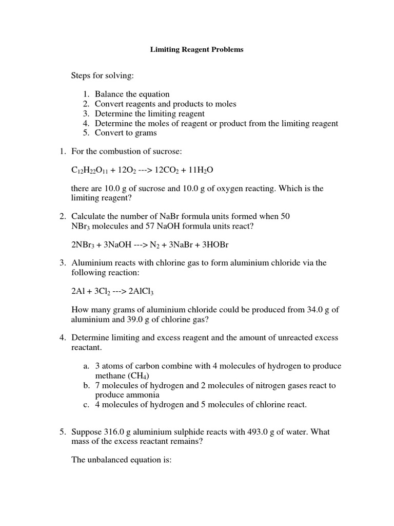Limiting Reagent Problem Solutions | PDF | Mole (Unit) | Atoms