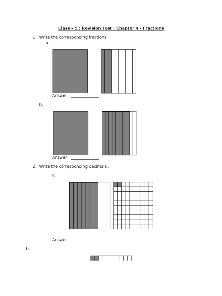 Class 5 Fractions Revision Test | PDF | Fraction (Mathematics) | Arithmetic