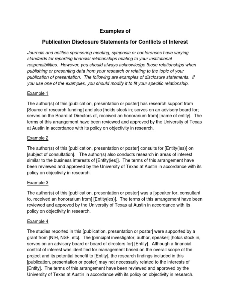 Public Disclosure Statement Examples | Board Of Directors | Conflict Of ...