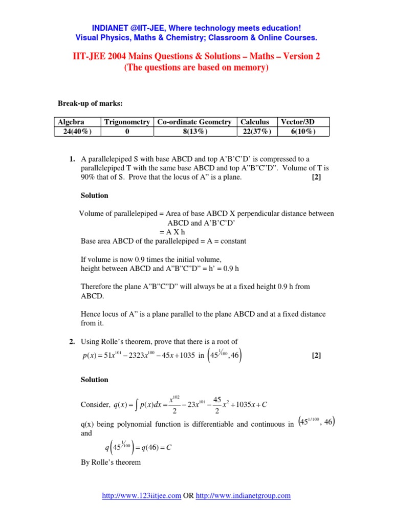 IIT-JEE 2004 Mains Questions & Solutions - Maths - Version 2 (The ...