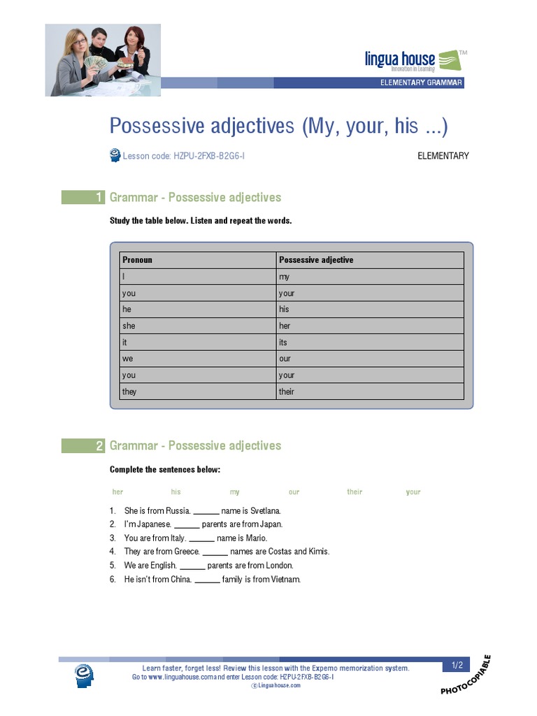 2.possessive Adjectives + KEY | PDF | English Language | Linguistic ...