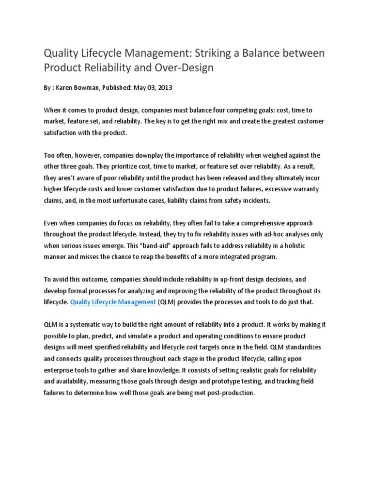 Quality Lifecycle Management by Karen Bowman PTC | PDF | Reliability ...