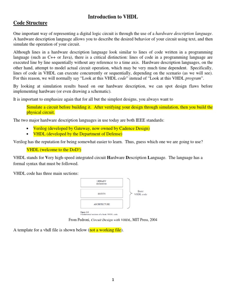 Introduction To VHDL Code Structure: From Pedroni, Circuit Design With VHDL, MIT Press, 2004 ...
