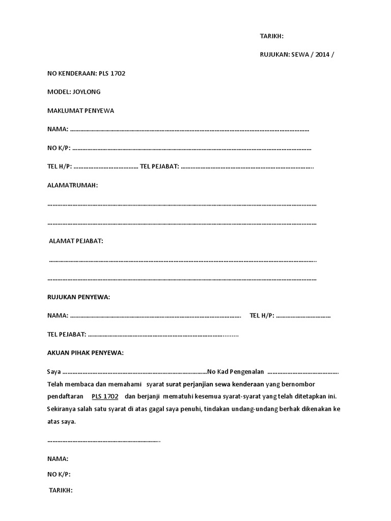 Surat Perjanjian Sewa Kereta Riset