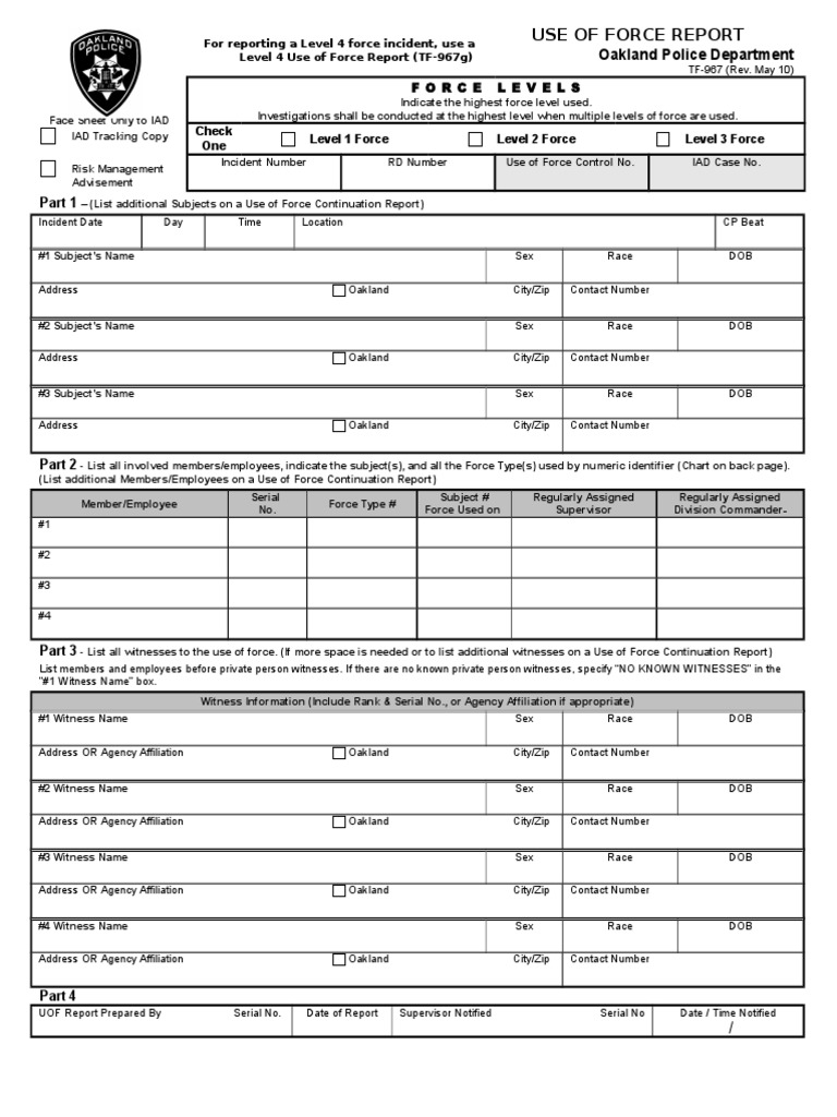 OPD Use of Force Report Template | PDF | National Security | Security
