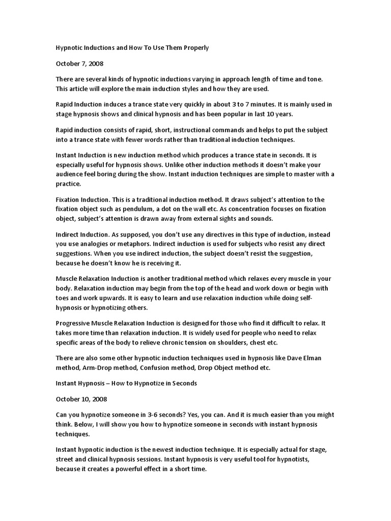 A Guide To Various Hypnotic Induction Techniques And Their Uses Pdf