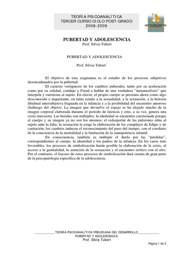 Adolescencia según Silvia Tubert | PDF | Psicoanálisis | Adolescencia
