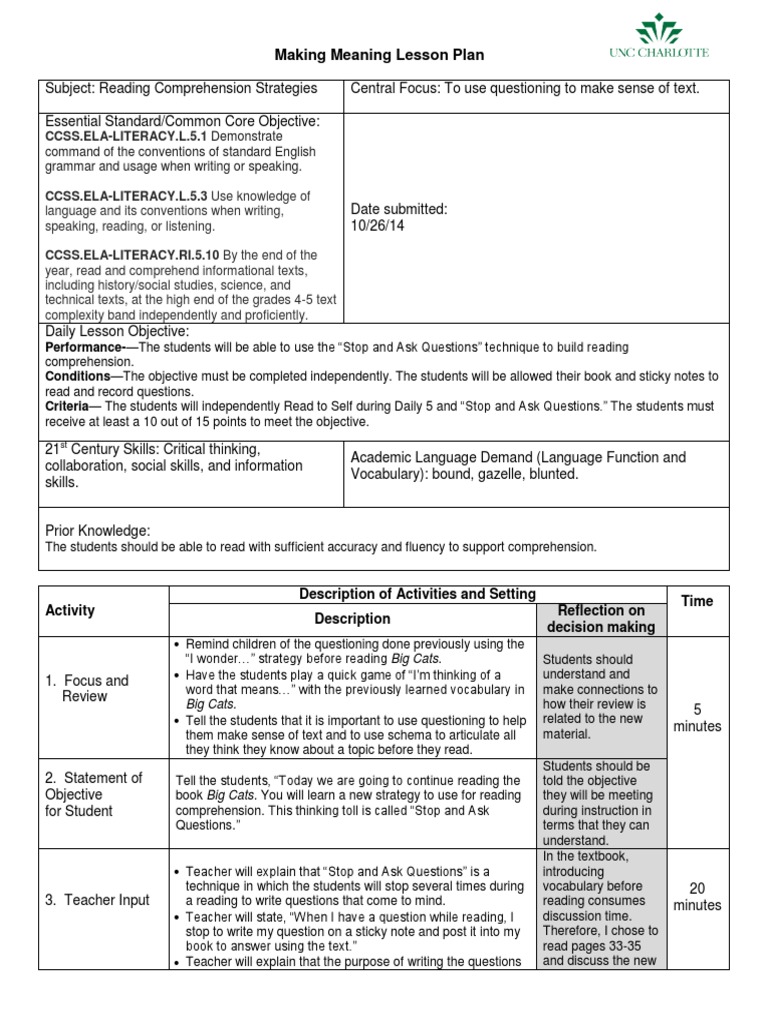 Makingmeaninglessonplan Leighathompson | PDF | Reading Comprehension ...