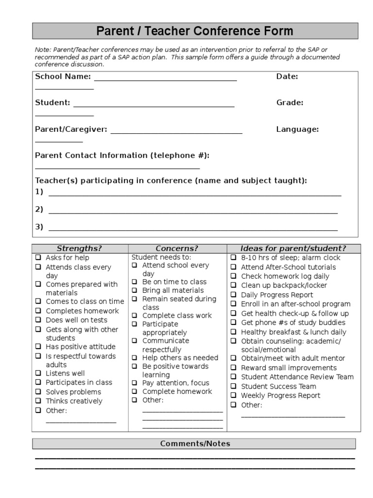 Parent Teacher Conference Form | PDF