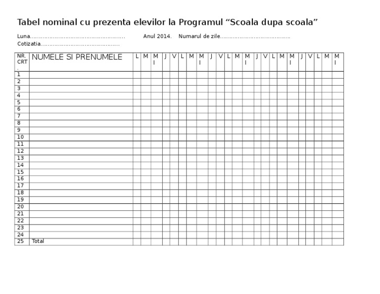 Tabel Nominal Cu Prezenta Elevilor La Programul "Scoala Dupa Scoala ...