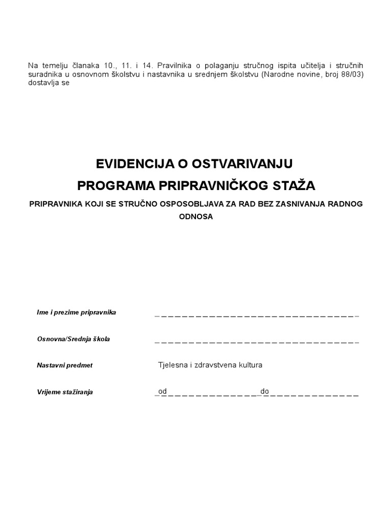 Obrazac Evidencije o Ostvarivanju Programa Pripravničkog Staža | PDF