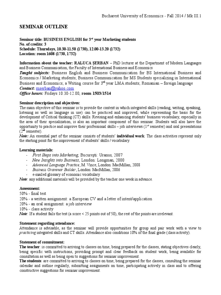 Seminar Outline: Taught Subjects: Business English and Business ...