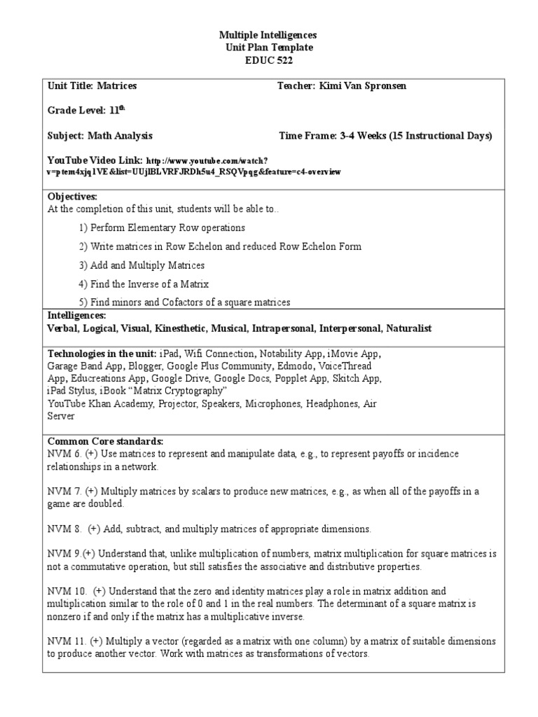 Matrices Unit Plan for 11th Grade Math | PDF | Multiplication | Matrix ...