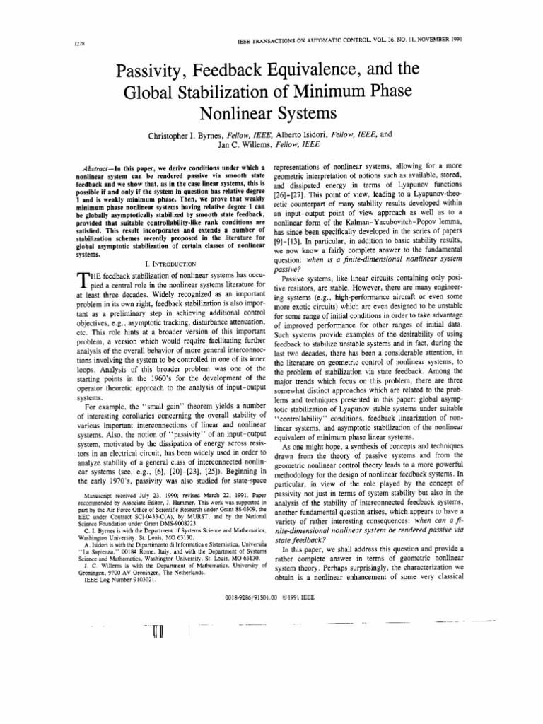 Passivity, Feedback Equivalence, and The Global Stabilization of Minimum Phase Nonlinear Systems ...